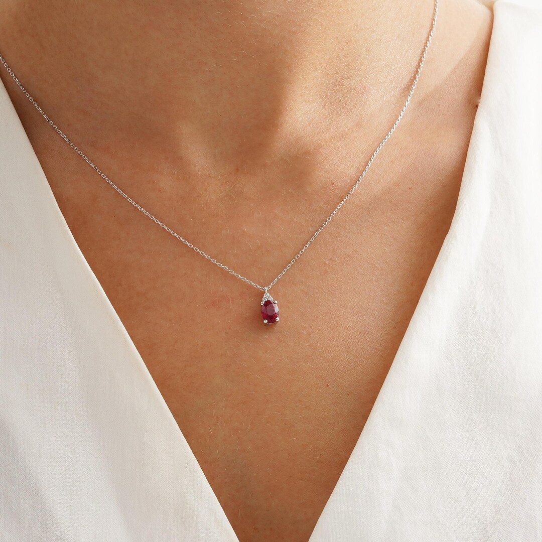 14k Solid Gold Oval Ruby Necklace - Dainty Ruby Cz Diamond Pendant ...