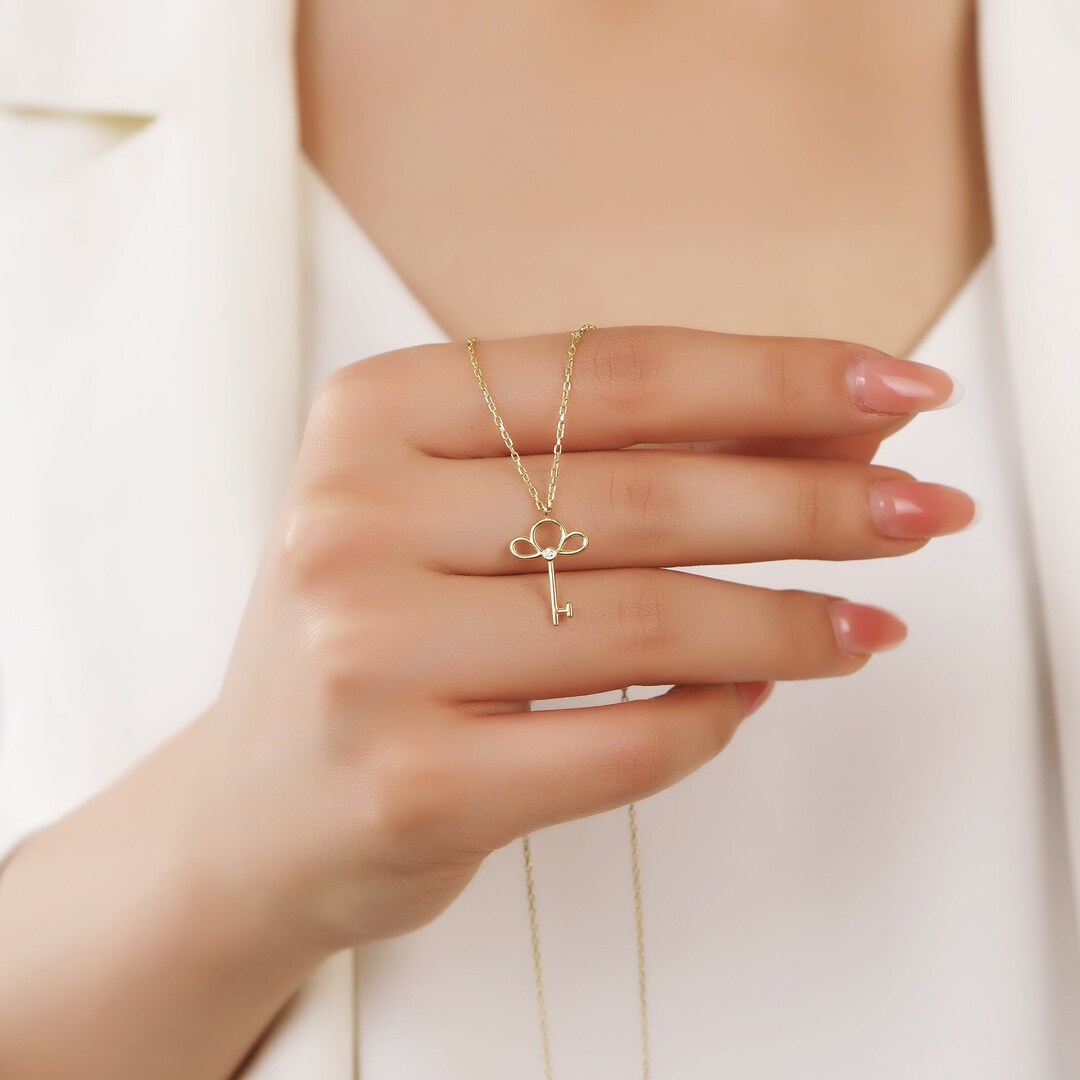 14k Solid Gold Key Necklace, Lucky Charm Pendant, Dainty Key Jewelry ...
