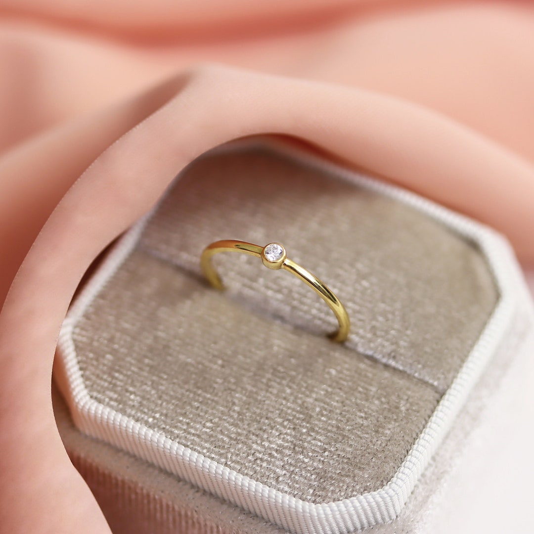 14k Minimalist Bezel Set Ring, Cz Diamond Stacking Ring, Tiny Real Gold ...