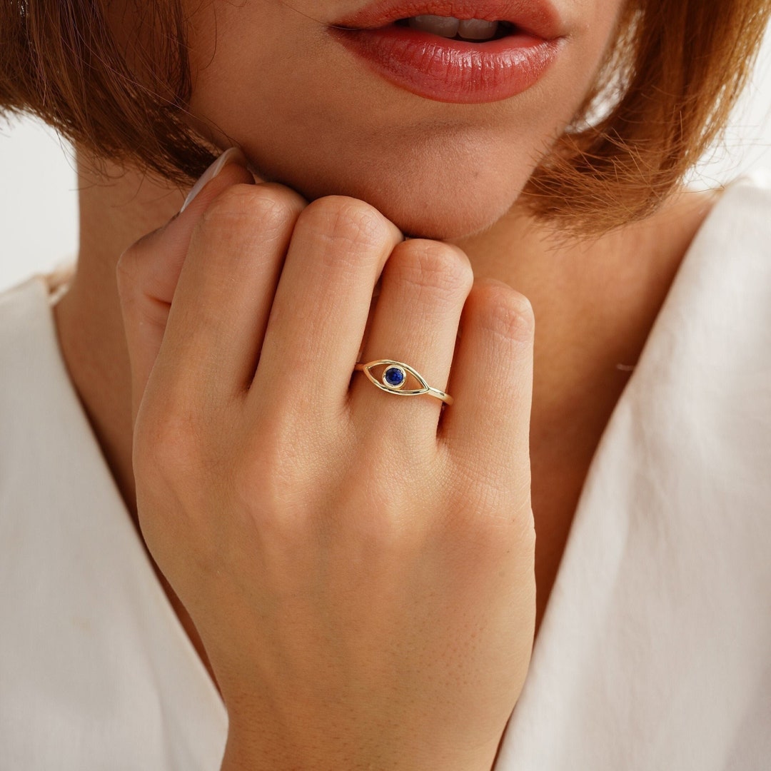 14k Gold Sapphire Evil Eye Ring, Solid Gold Evil Eye Ring, Dainty Evil ...