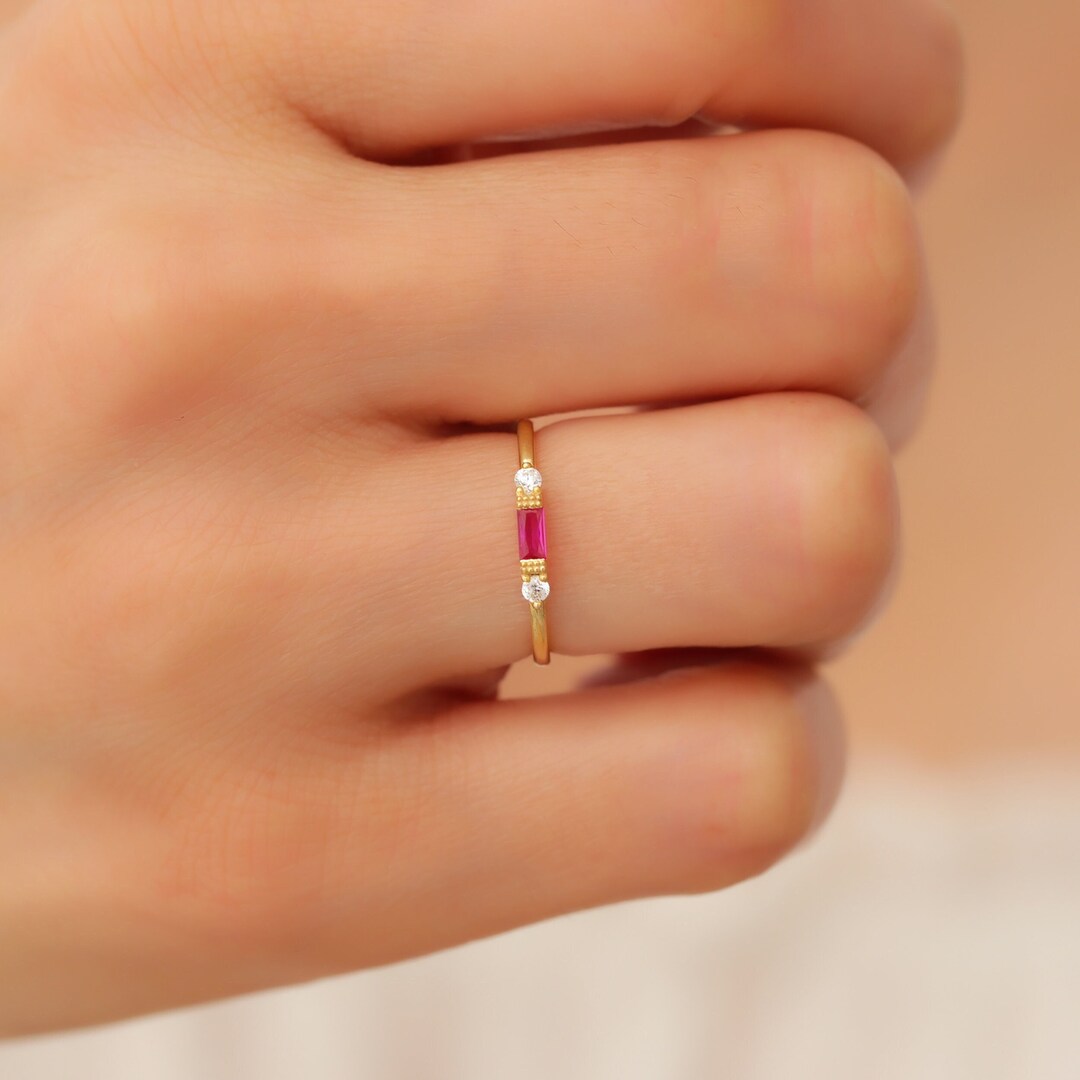 14k Ruby Baguette Wedding Band, Dainty Ruby Stacking Ring Solid Gold, Minimalist Ruby Ring for ...