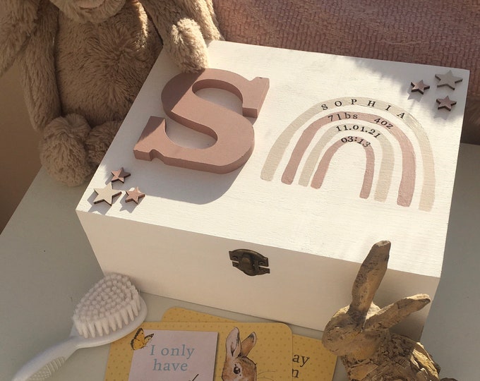 LARGE Personalised Baby Girl Keepsake Box With Rainbow. Memory Box ...