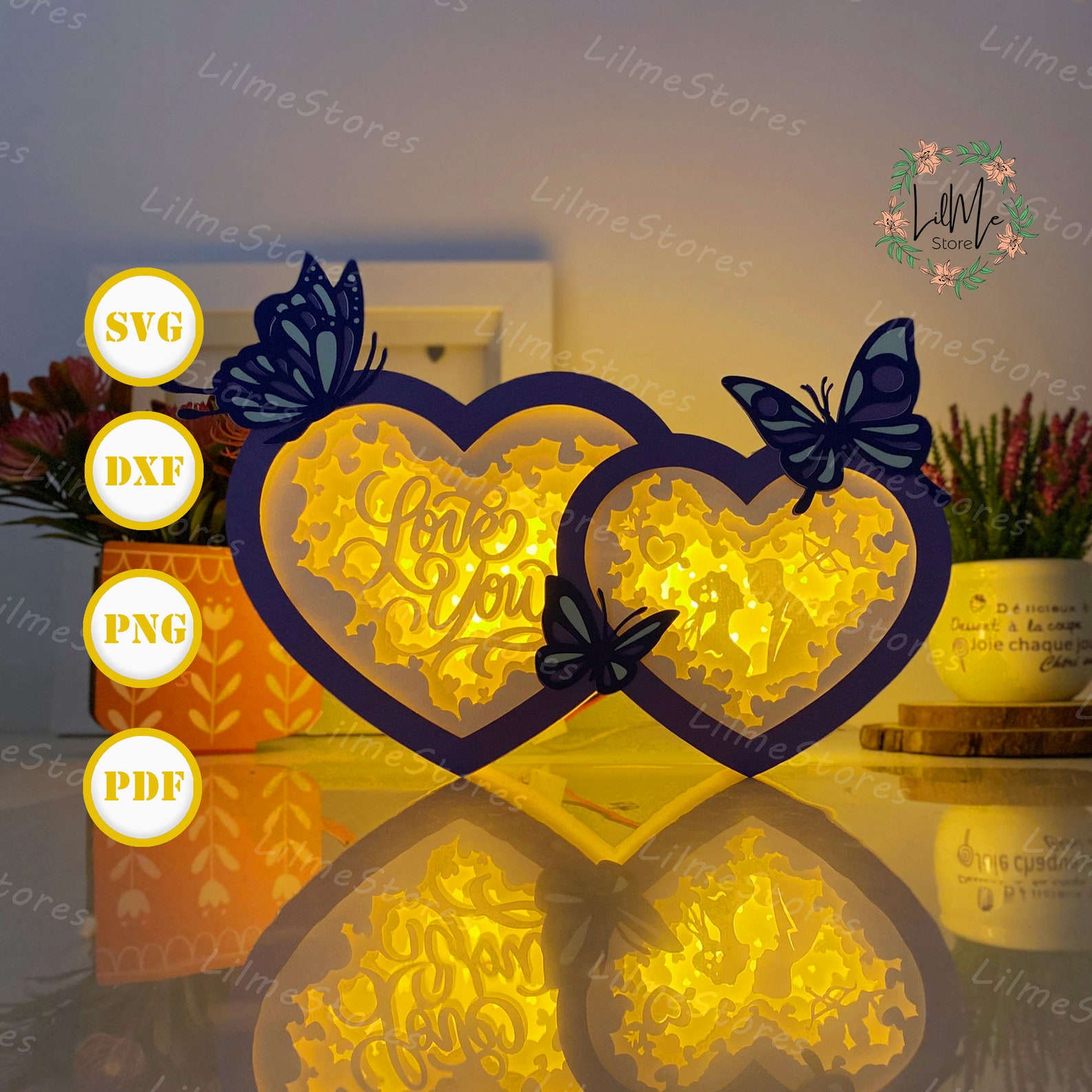 Love 3 Heart Couple Box Lantern Paper Cut, Heart Lantern Svg, Heart ...