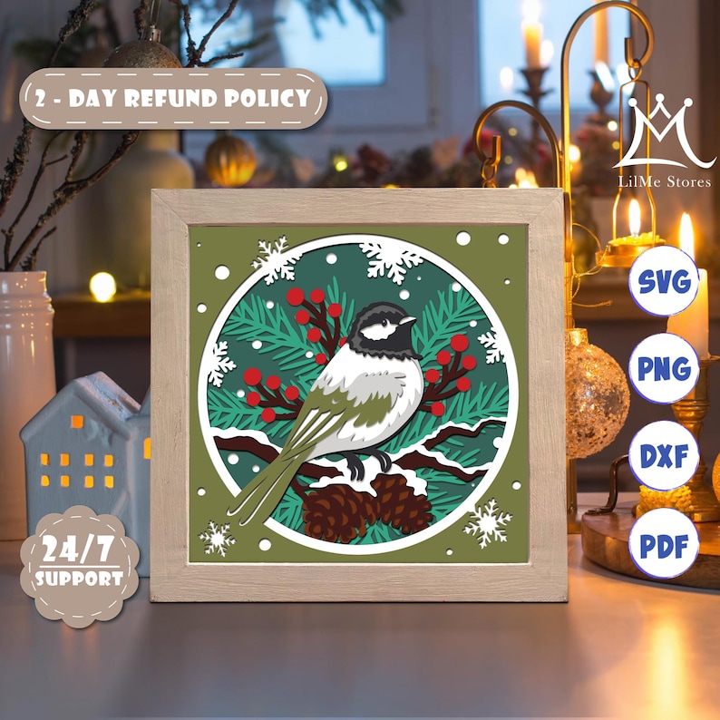 3D Chickadee Christmas Shadow Box SVG: Layered Christmas Scene (digital ...