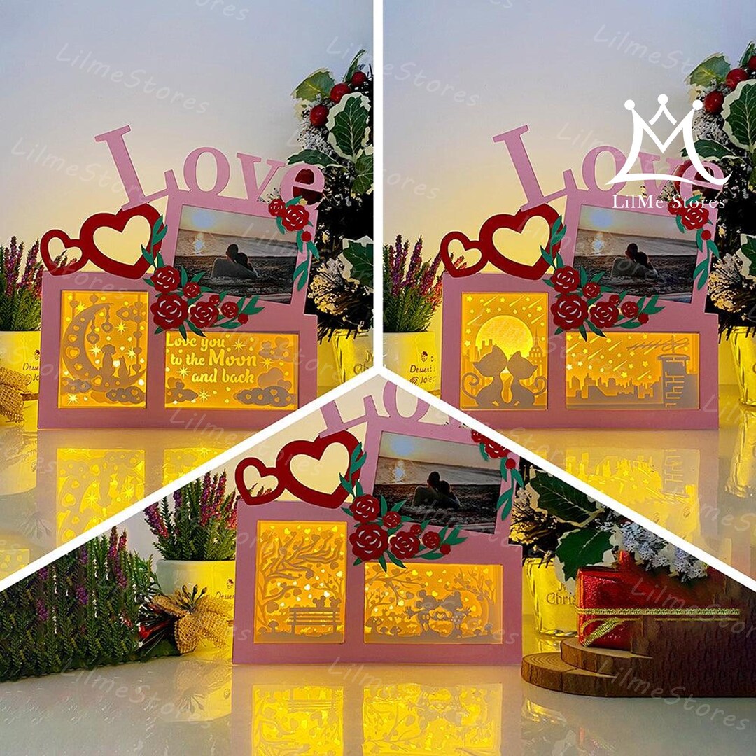 Pack 3 Love Photo Frame Box Lantern Paper Cut, Valentine Lantern Svg ...