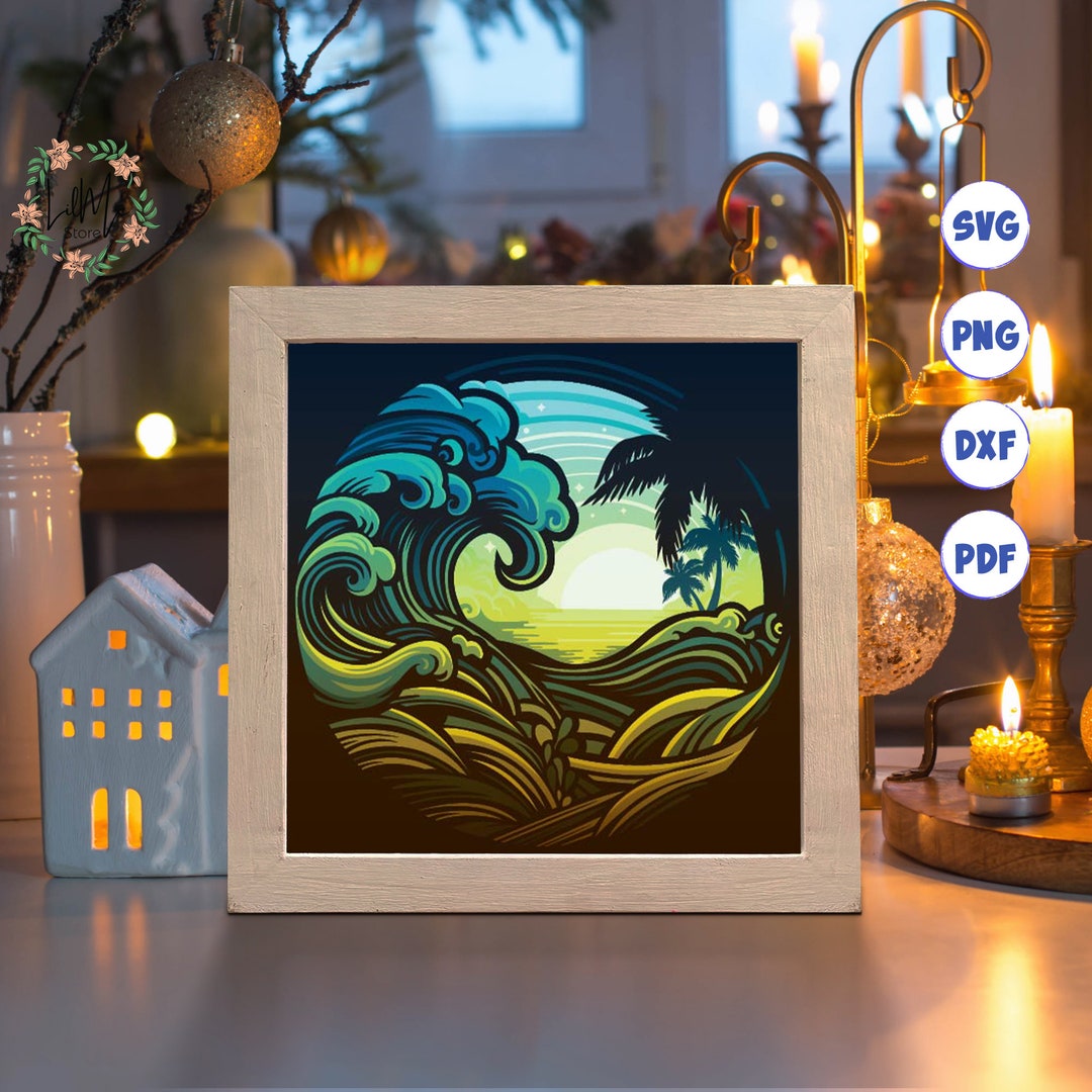 Waves 2 Paper Cut Light Box Template, 3D Shadow Box SVG Files, Shadow ...