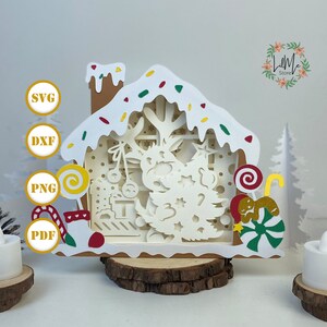 Reindeer Gingerbread House Box Lantern Paper Cut, Xmas Lantern Svg ...