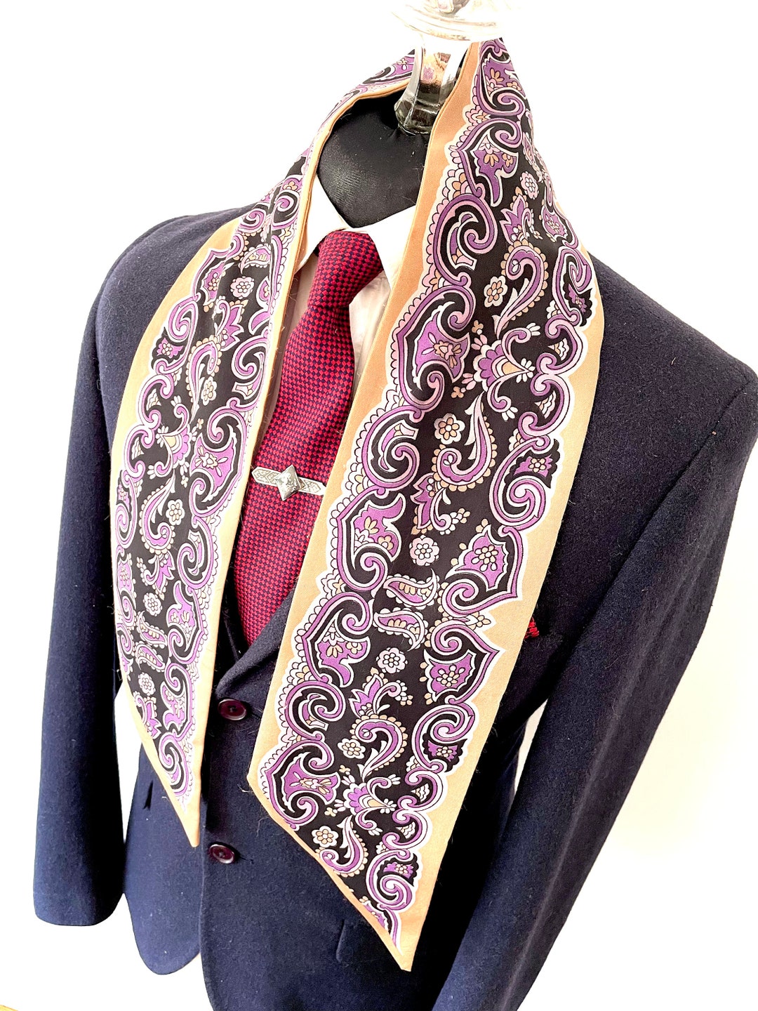 Men's Vintage Paisley Cravat, 60s All Original Purple Mod Silky Scarf ...