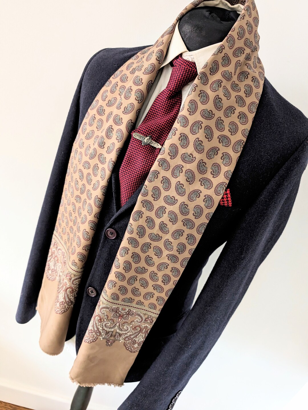 Men's Vintage Paisley Scarf, 60s All Original Retro Beige Silk Necktie ...