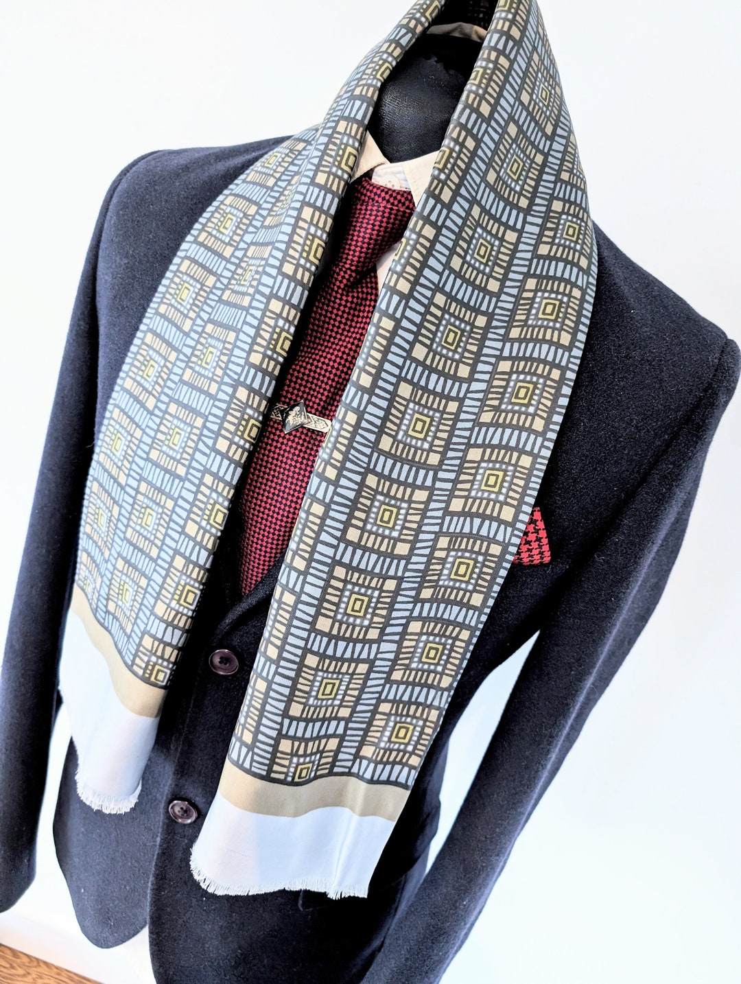 Men's Vintage Geometric Scarf, 60’s All Original Blue Mod Silky Necktie ...
