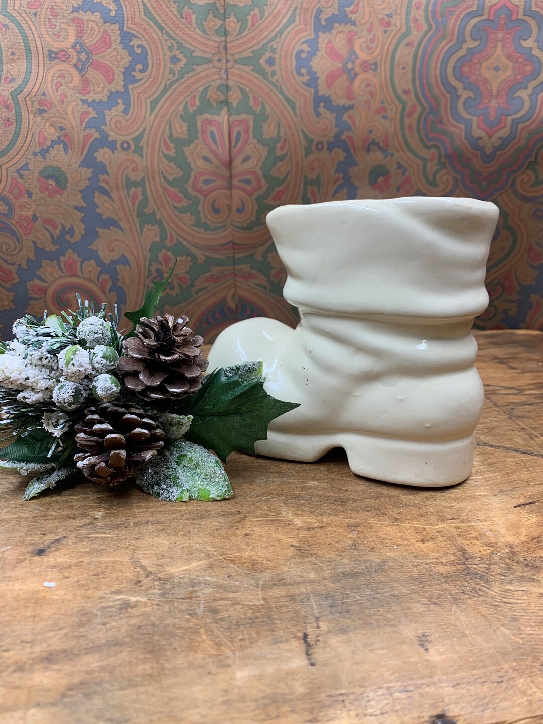 Vintage 1950 Ceramic Santa Boot White Glazed Candy Cane Holder, Planter ...