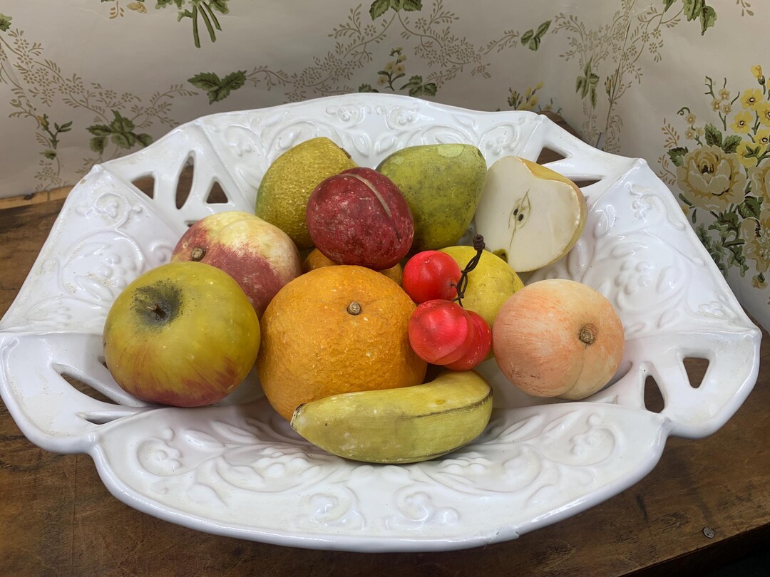Antique Hand Carved Alabaster Stone Fruit Italian Orange Apple Peach Plum Cherry Banana Peach ...