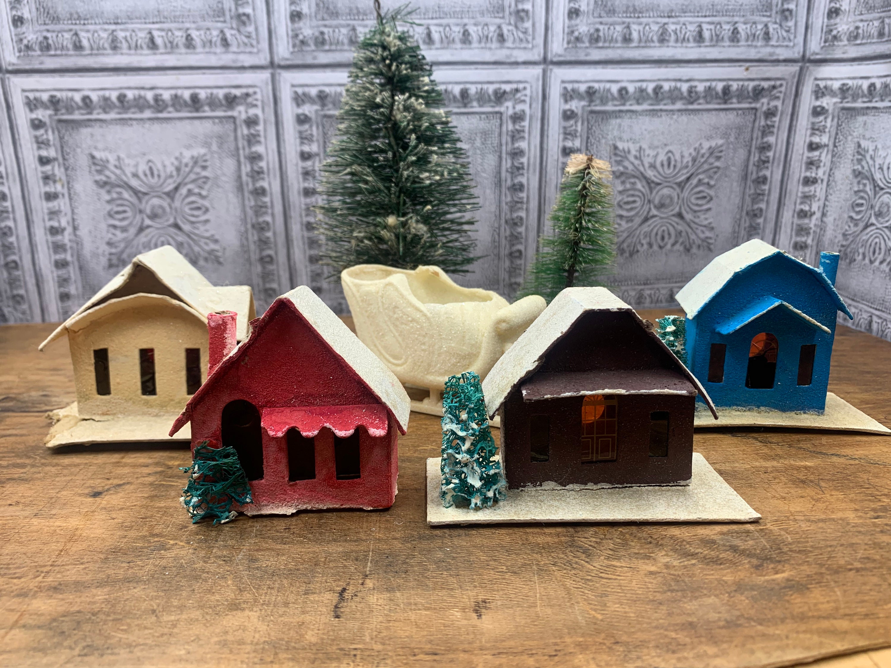 Set of Four Vintage Putz Houses Made in Japan, 2 Bottle Brush Trees and ...