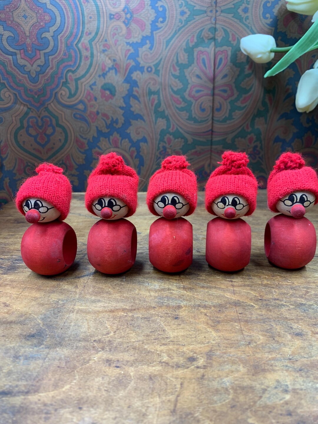 Vintage Swedish Tomte Red Ball Nose Dwarf Gnome Red Napkin Rings 1970s ...