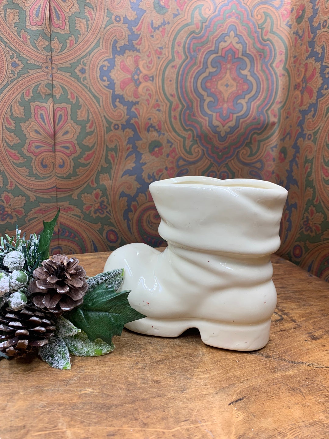 Vintage 1950 Ceramic Santa Boot White Glazed Candy Cane Holder, Planter ...
