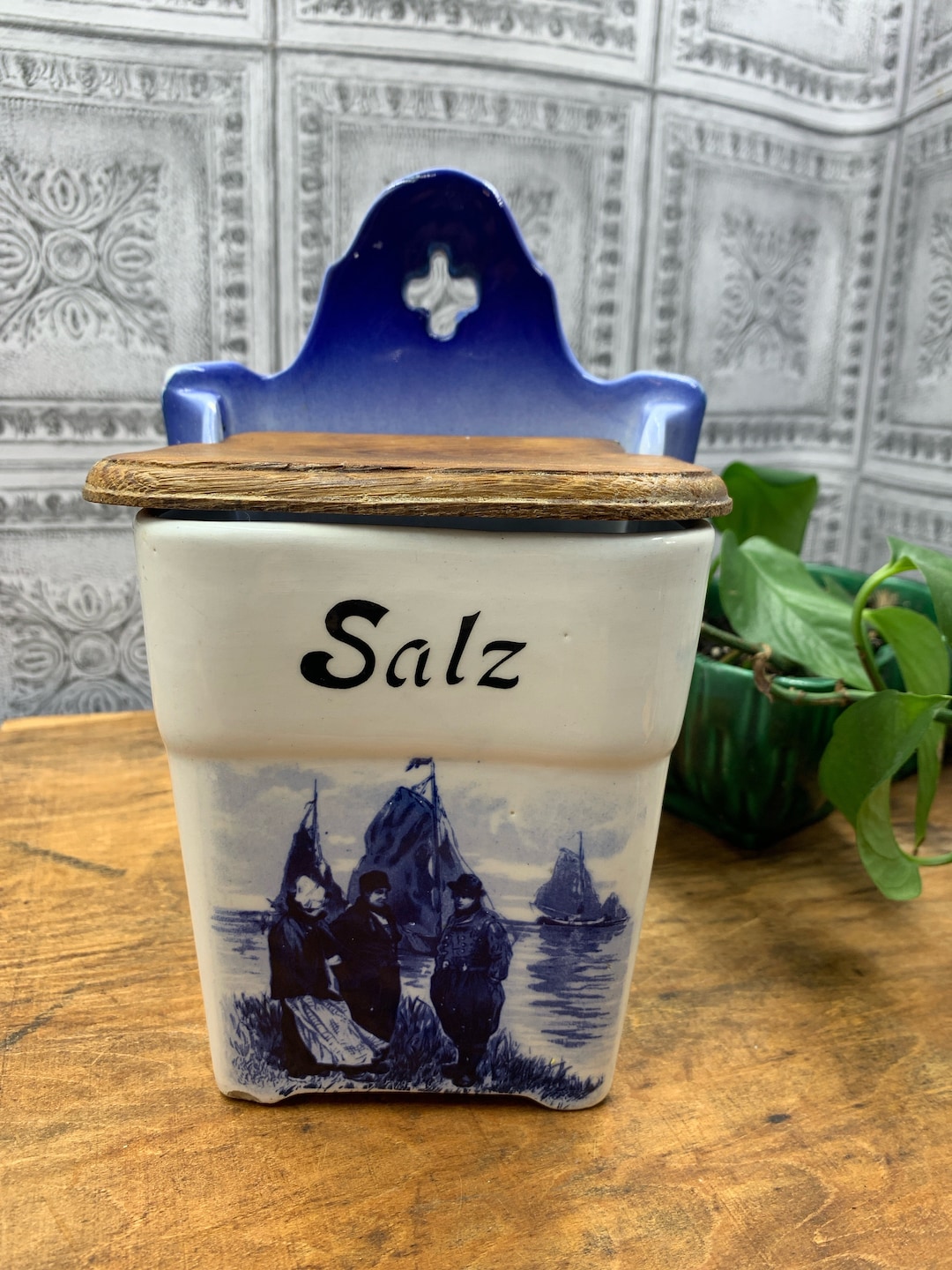German Delft Blue Salt Cellar With Wood Lid 8.5 X 6 X 4 - Etsy