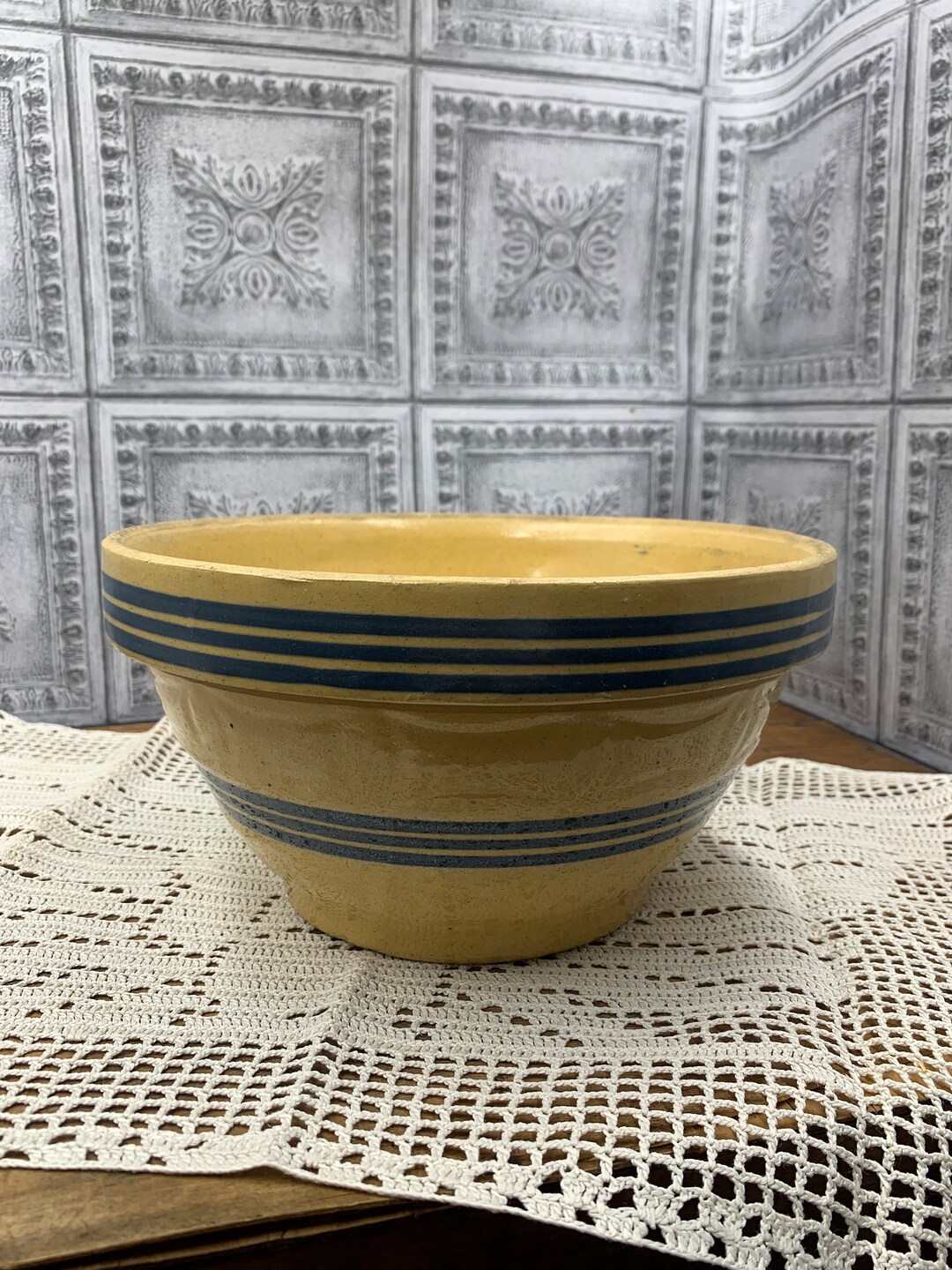 Antique Yellow Ware Bowl 3 Blue Stripes 9.25” Diameter X 5” Tall Primitive Country Kitchen ...