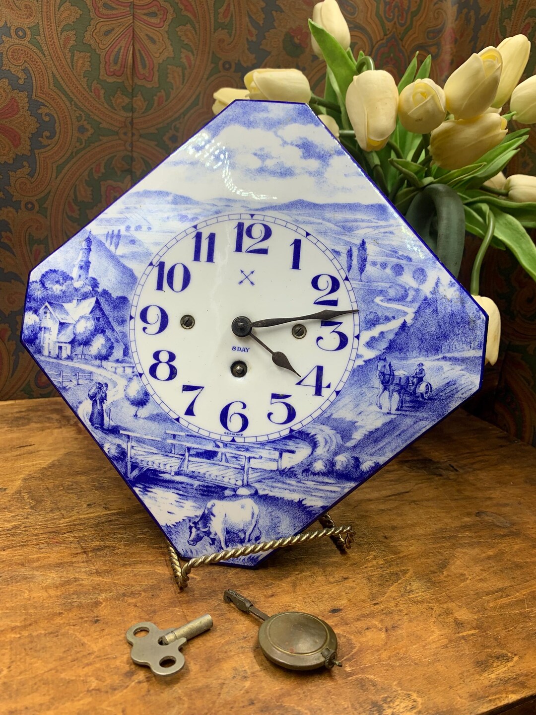 Delft Porcelain Over Metal 8 Day Pendulum Wall Clock With Key Circa ...