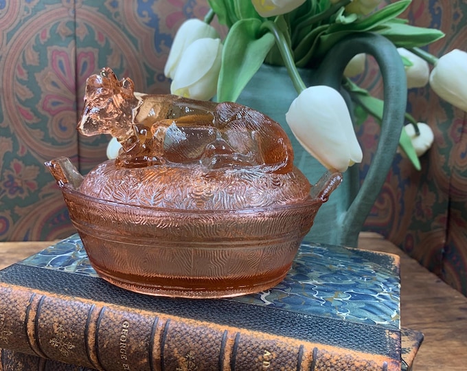 Miniature Pink Depression Glass Cow on Nest Salt Cellar Vintage Country ...