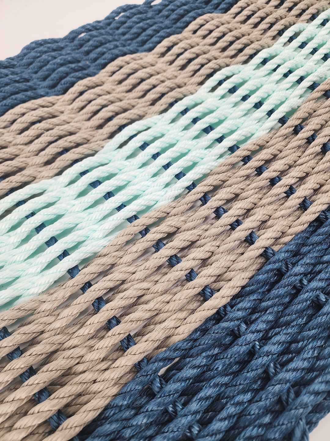 5 Stripe Lobster Rope Mat Navy Blue Tan and Seafoam - Etsy