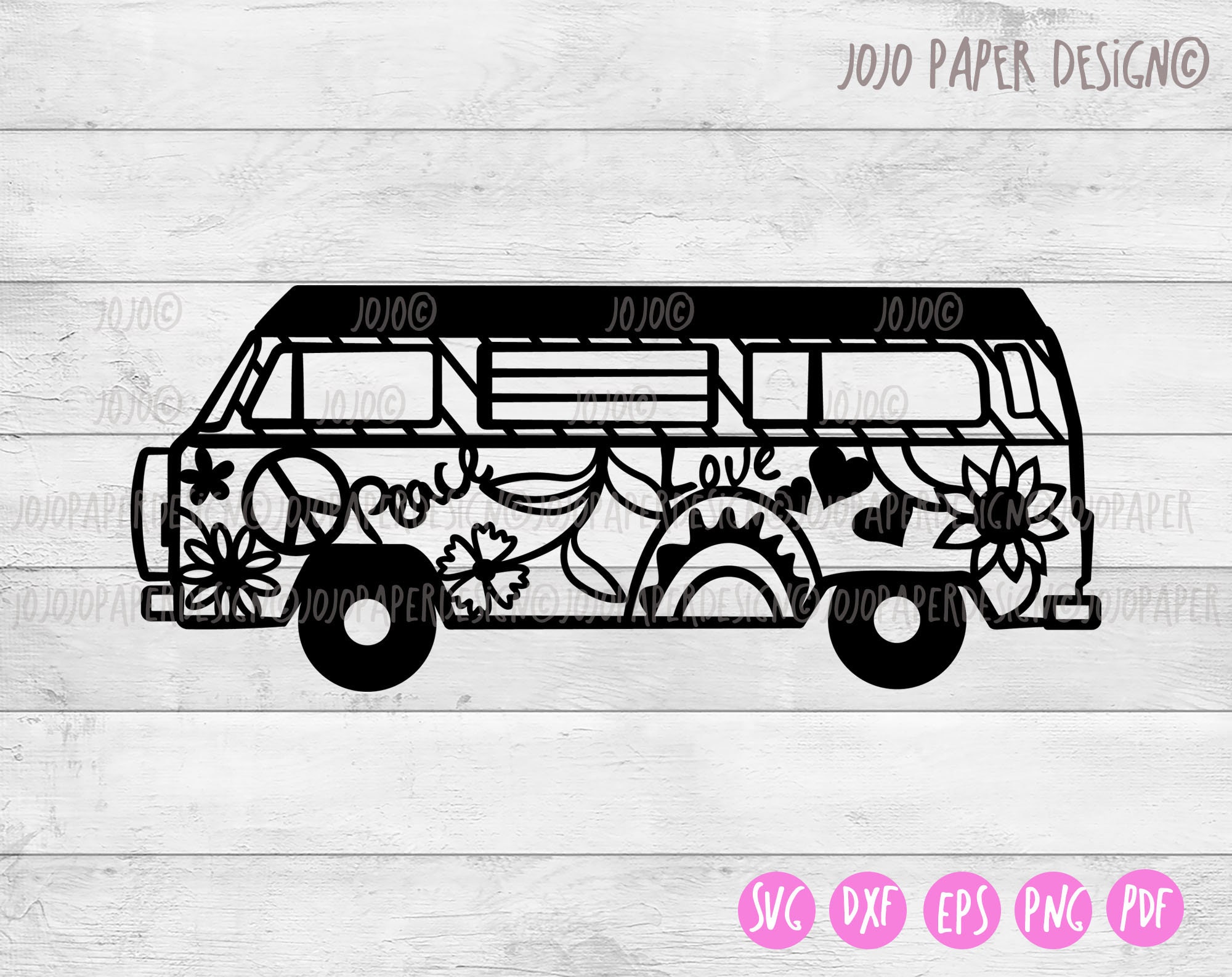 Groovy Floral Van SVG With Peace Sign and Hippie Symbols , Boho Van ...