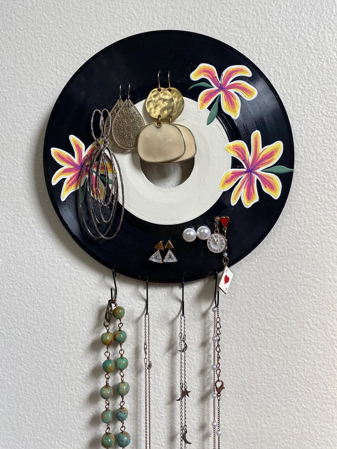 7" Vinyl Record Jewelry Display | Tropical Flower Design | Handpainted ...