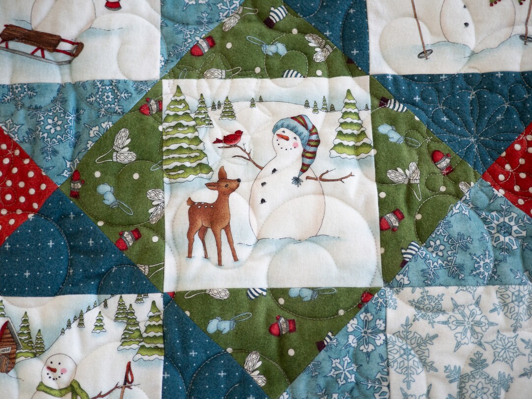 Handmade Quilted Snowman Throw: Flannel Pieced Top, Swirl Minky Backing ...