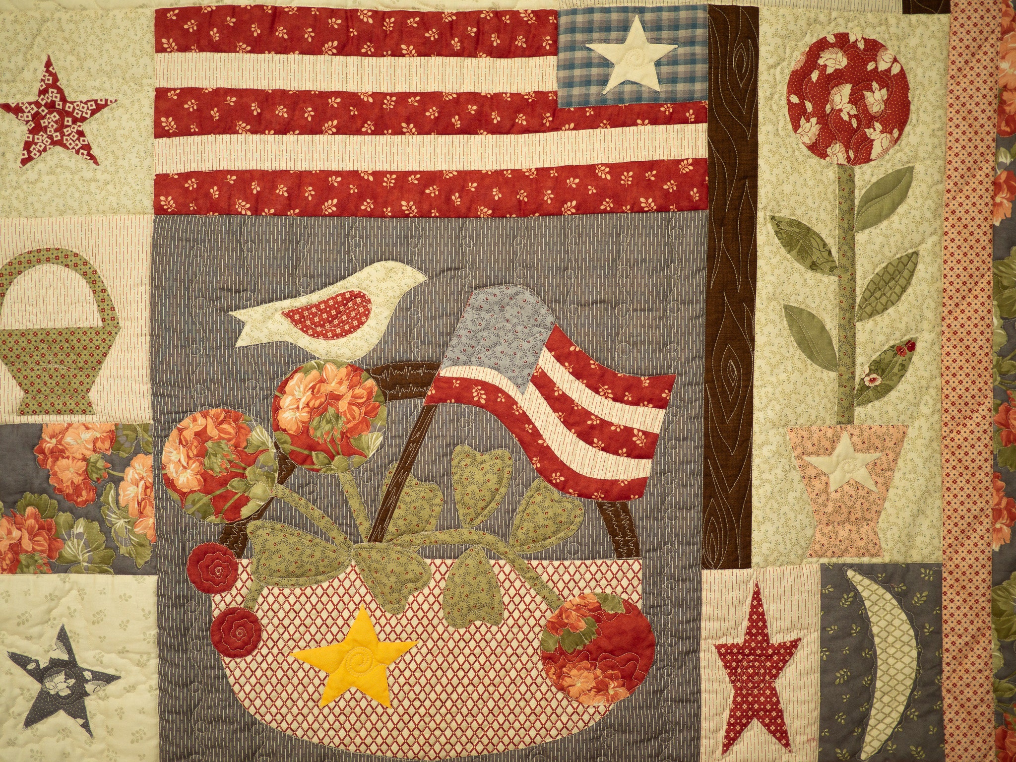 Custom Quilted Americana Themed Twin Size Quilt, Charming Folksy ...