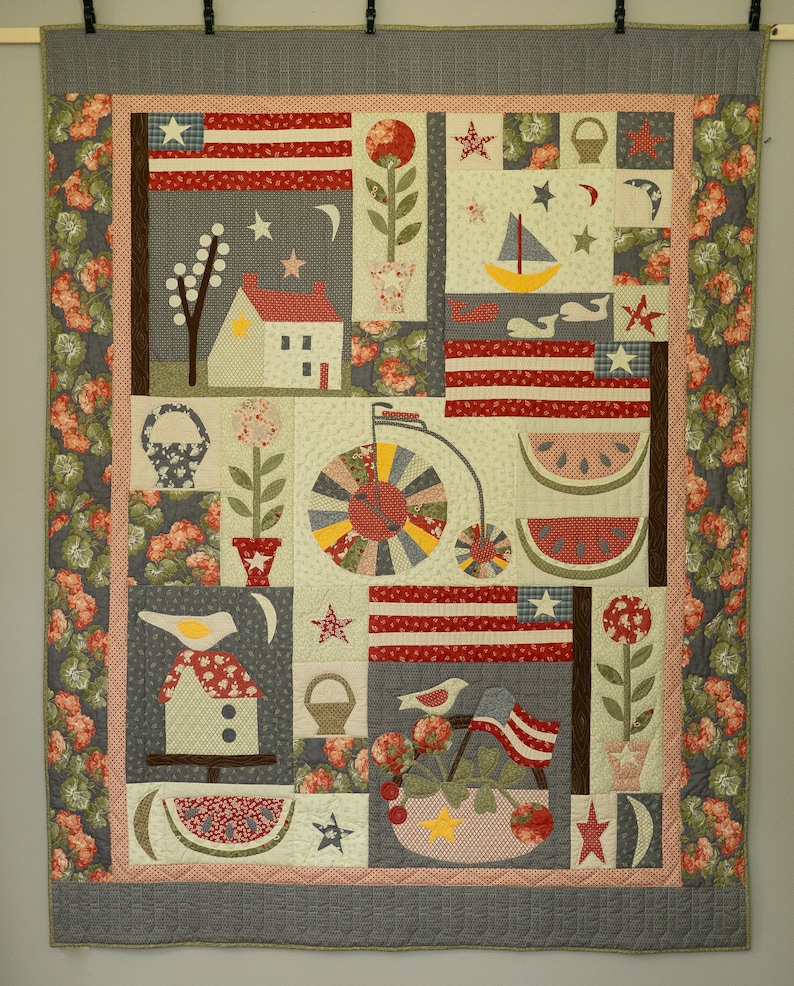 Custom Quilted Americana Themed Twin Size Quilt, Charming Folksy ...