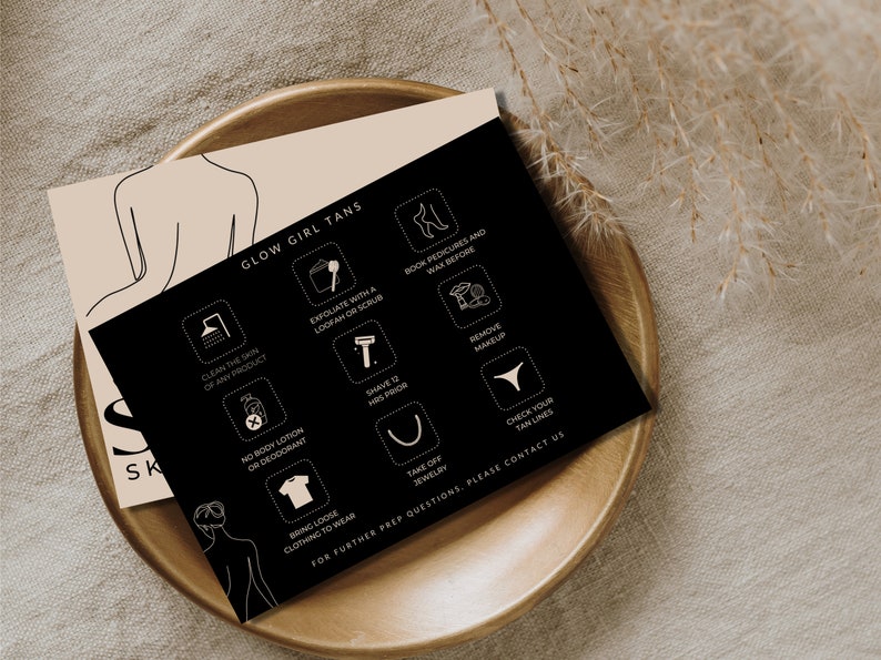 Spray Tan Artist Skin Prep Card Editable Template Client Care Cards Black & Beige Spray Tanning ...