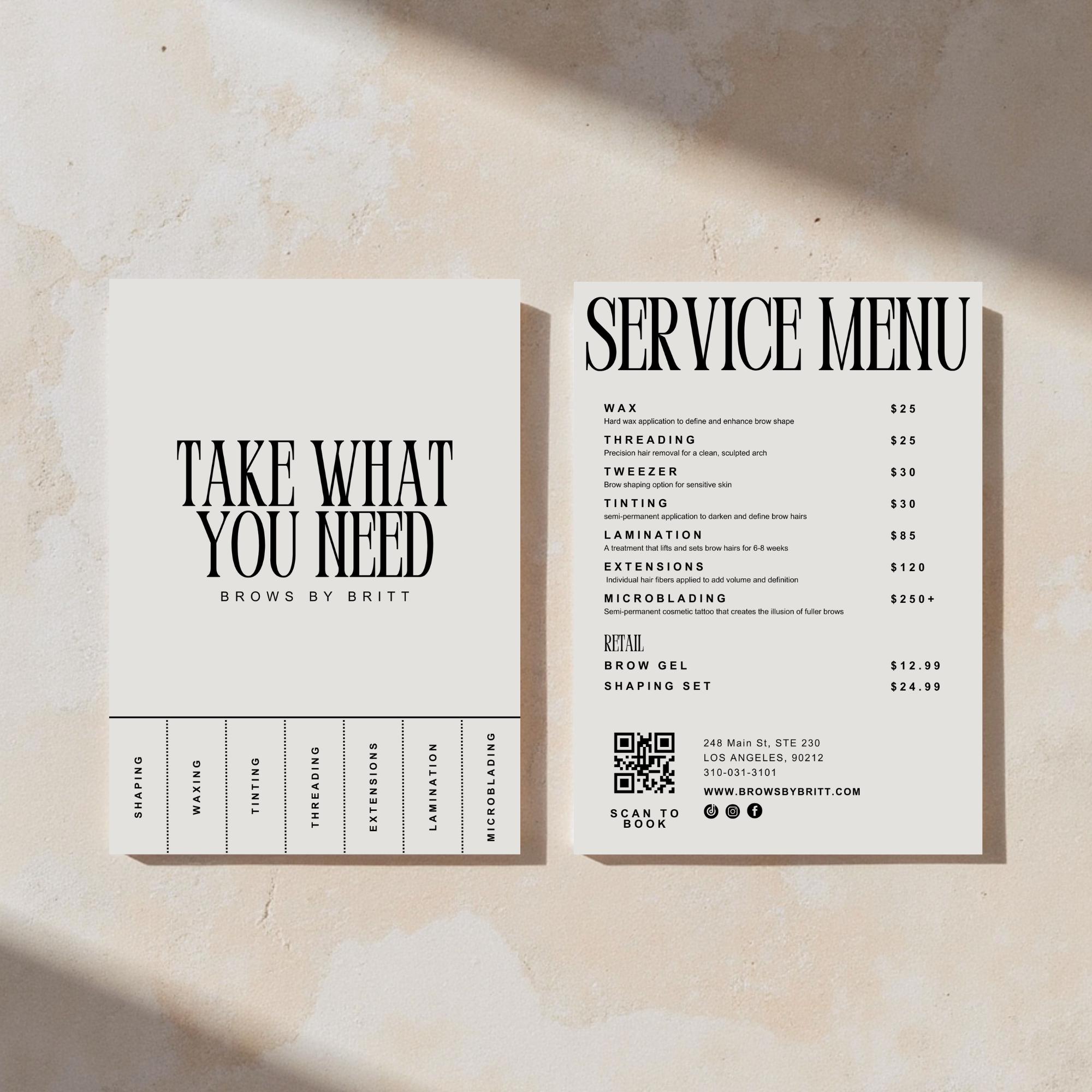 Brow Artist Price List & Service Menu | Beauty Salon Pricing | Editable ...