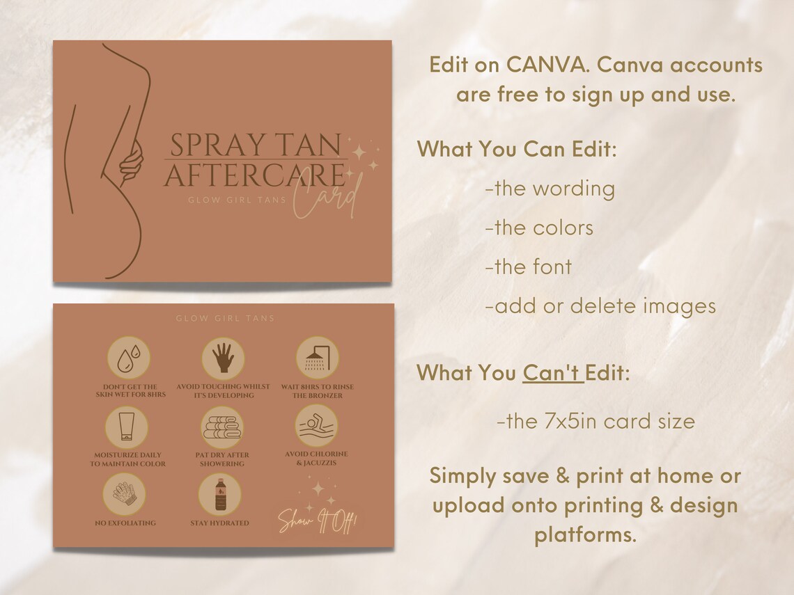 Spray Tan Artist Aftercare Card Editable Template Client - Etsy