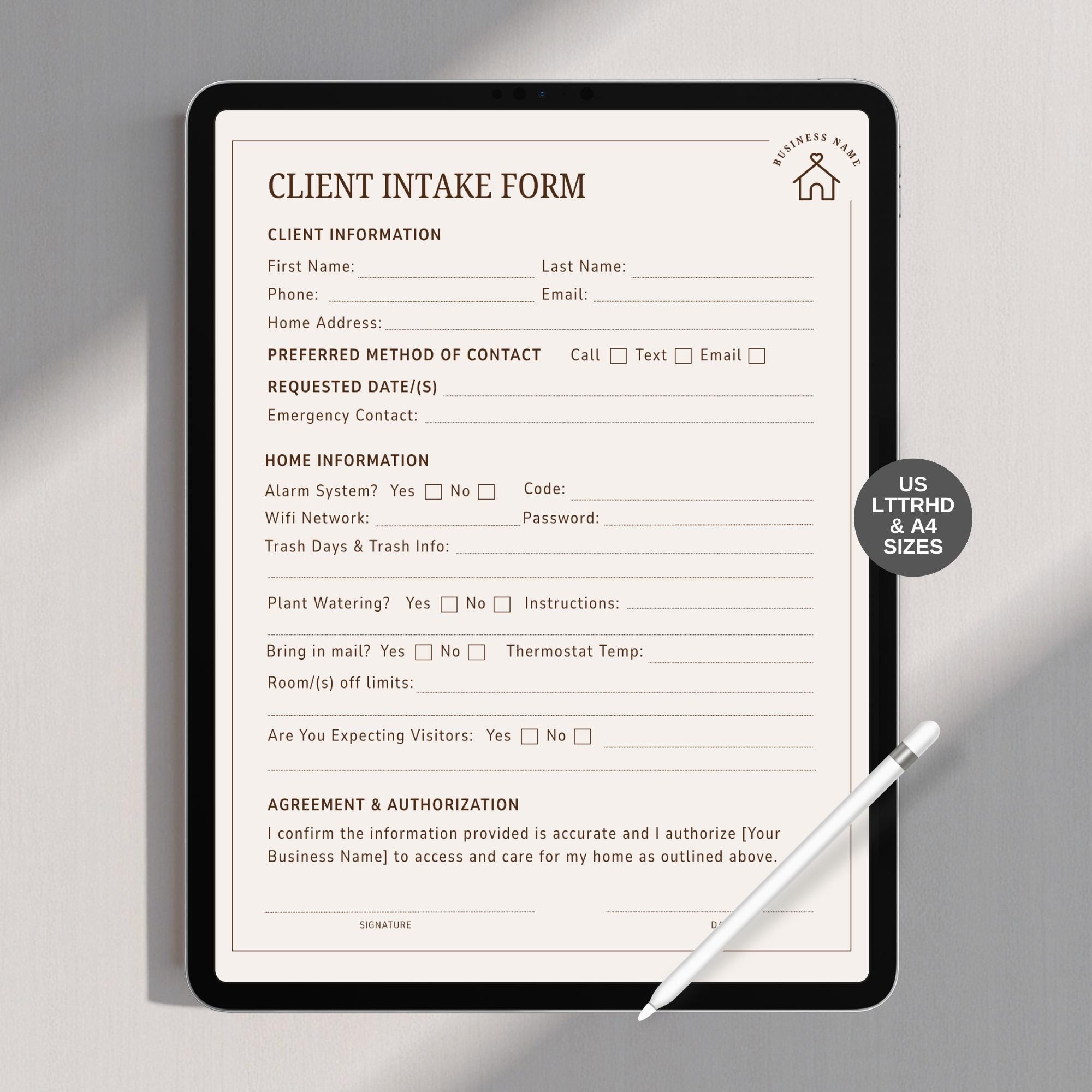 House Sitting Client Intake Form | House Sitting Business Forms ...