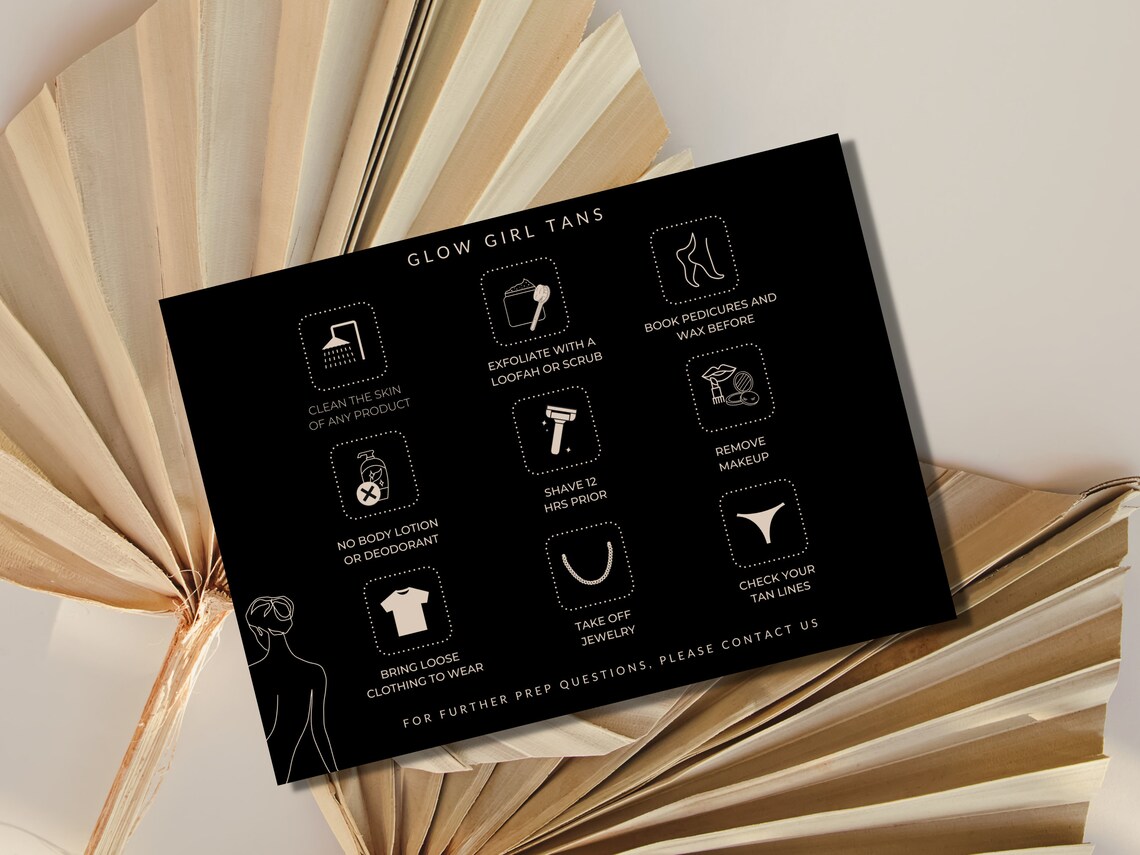 Spray Tan Artist Skin Prep Card Editable Template Client Care Cards Black & Beige Spray Tanning ...