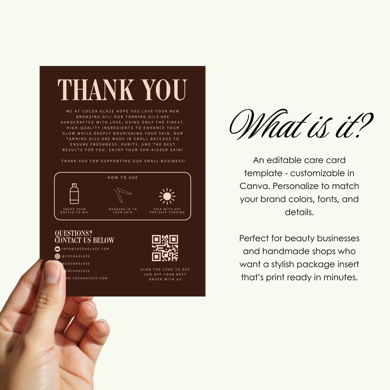 Tanning Oil Care Card Template | Printable Package Inserts | Handmade ...