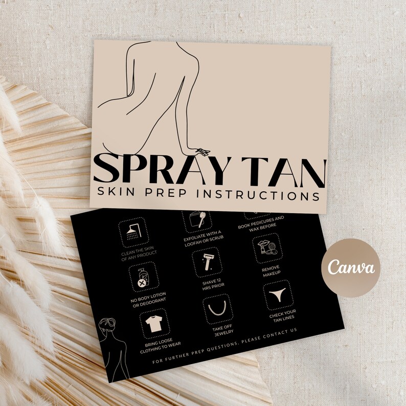 Spray Tan Artist Skin Prep Card Editable Template | Client Care Cards | Black & Beige | Spray ...