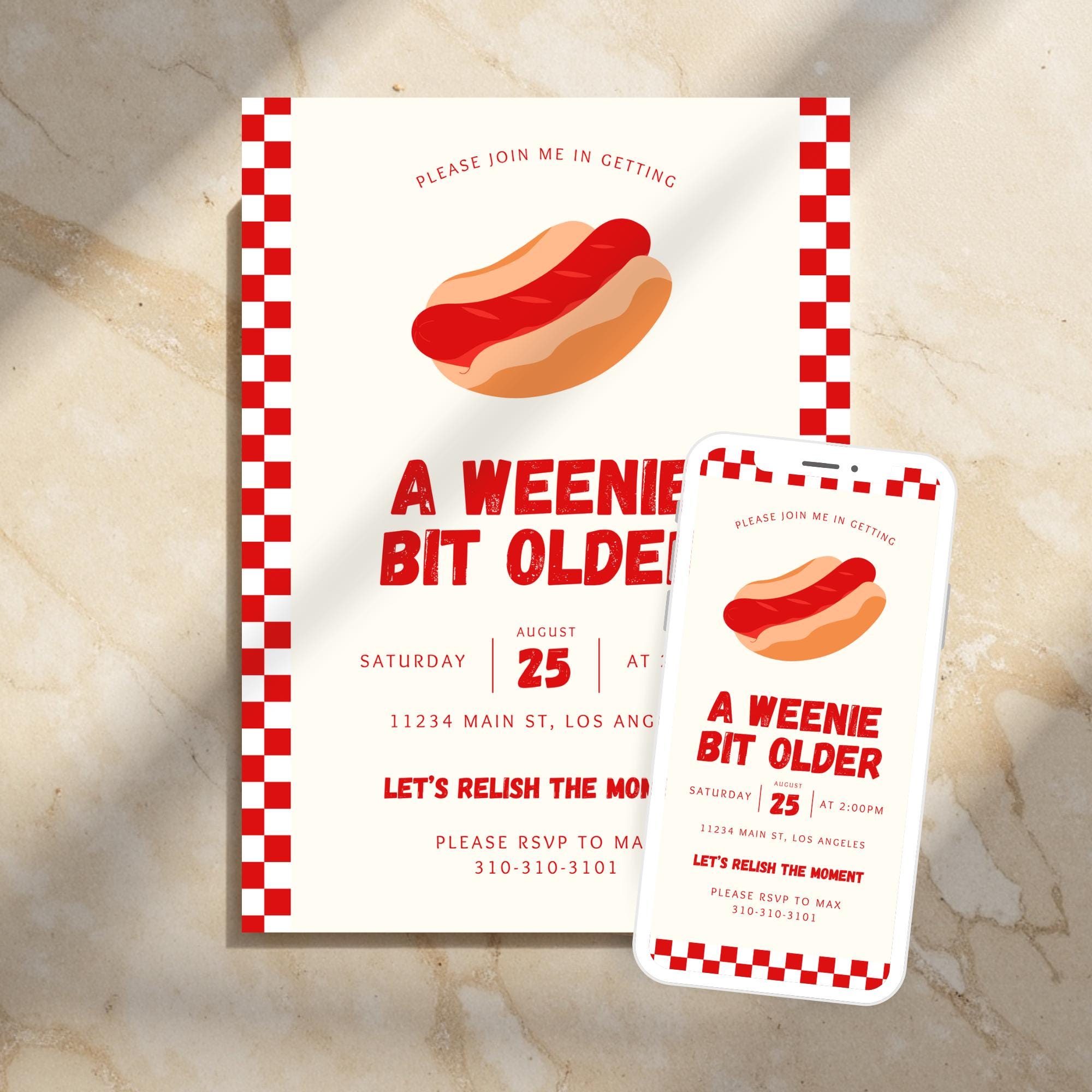 Weenie Bit Older Party Invitation Design | Hot Dog Birthday Invite ...