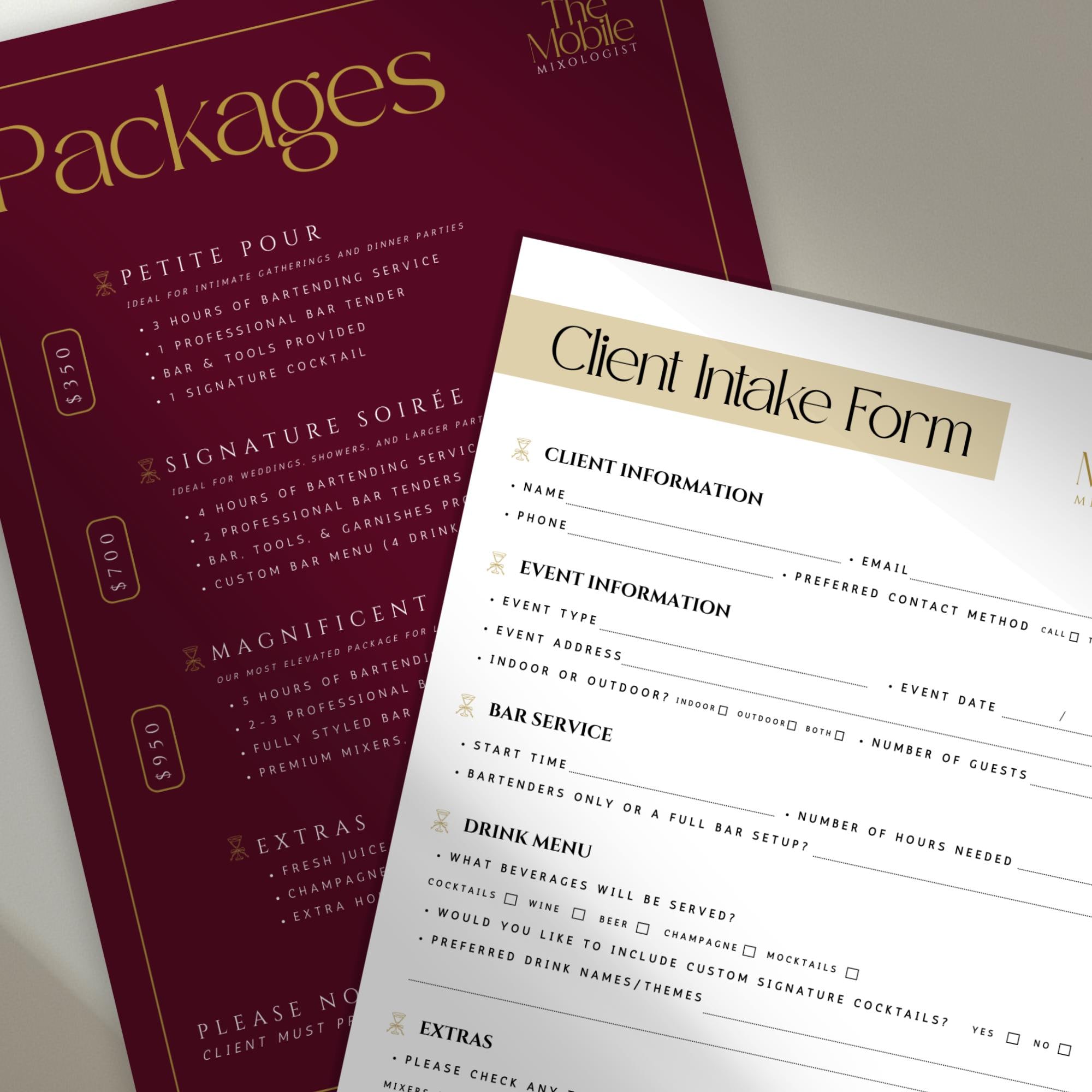 Mobile Bartender Package Menu Template | Mixologist Client Intake Form ...