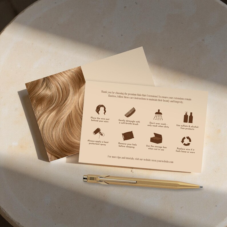 Halo Hair Extensions Care Card | Neutral Editable Client Card for Hair ...