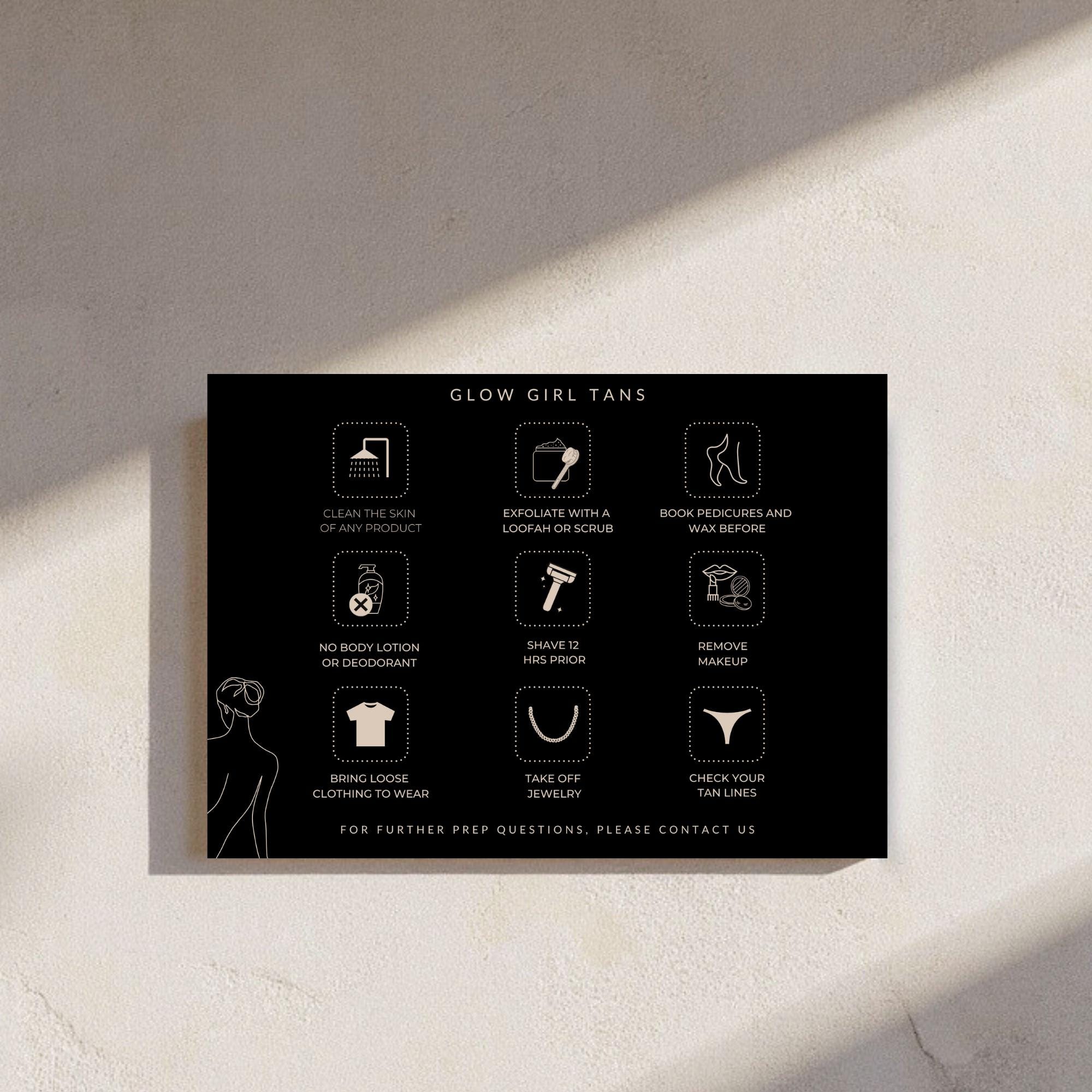 Spray Tan Artist Skin Prep Card Editable Template | Client Care Cards ...