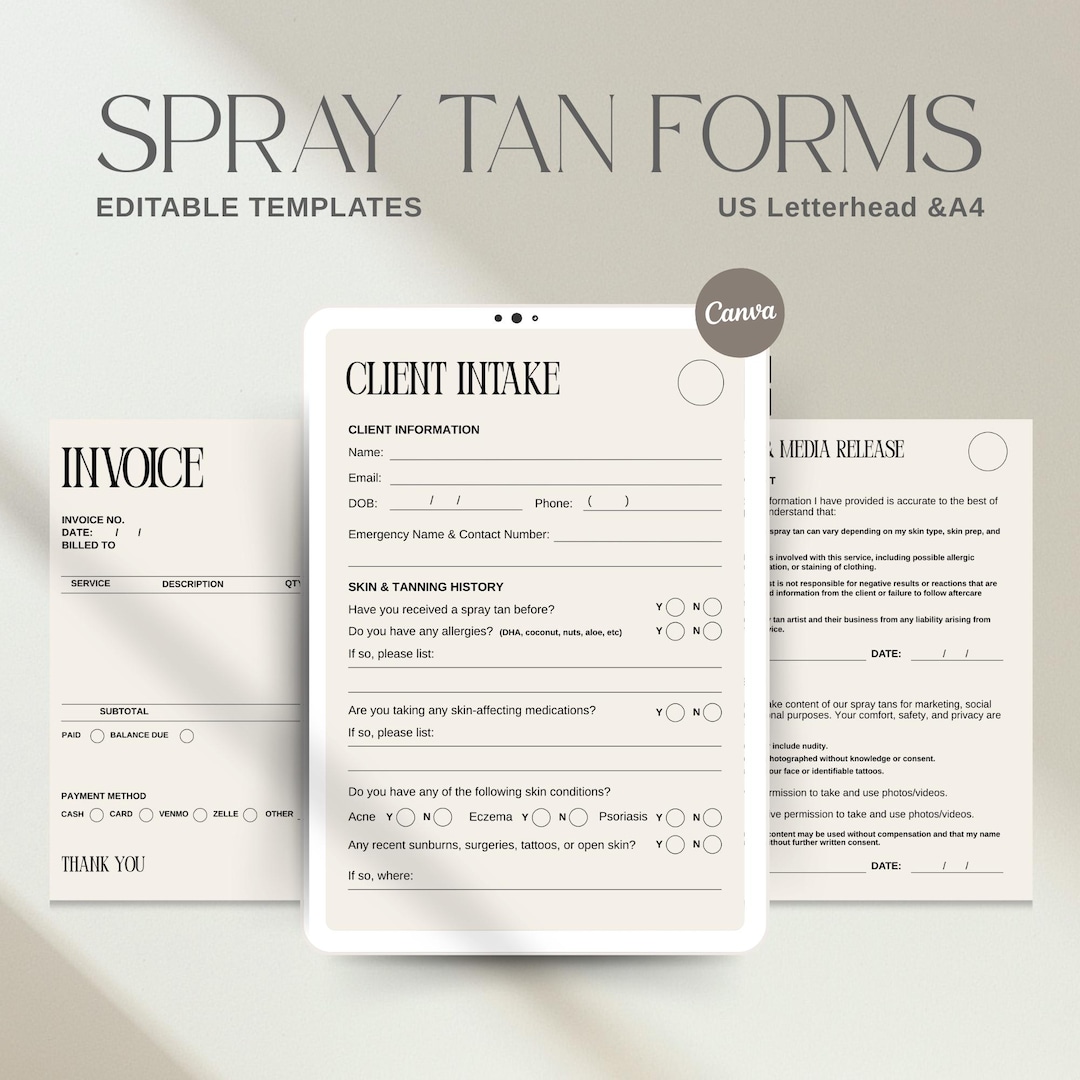 Spray Tan Business Forms Bundle | Client Intake Forms | Photo Release ...