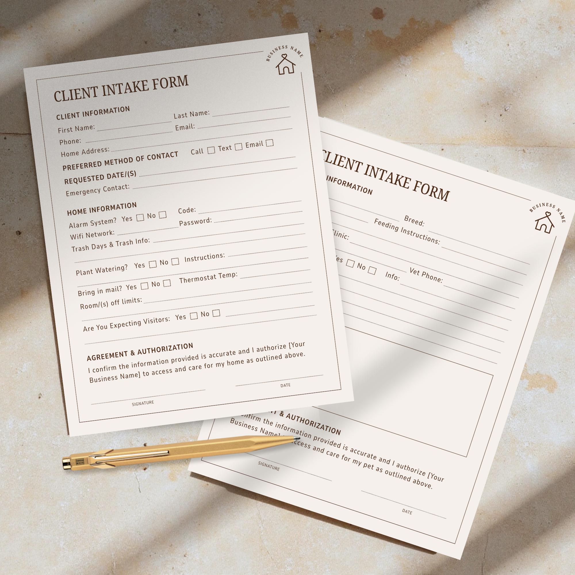 House Sitting Client Intake Form | House Sitting Business Forms ...