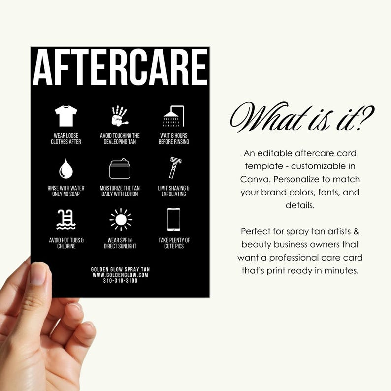 Spray Tan Aftercare Card Template | Printable Beauty Business Client ...