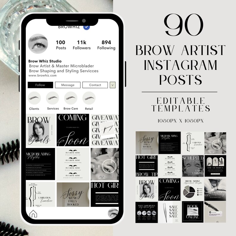 90 Brow Artist Editable Instagram Posts | Monochrome Aesthetic | Beauty ...