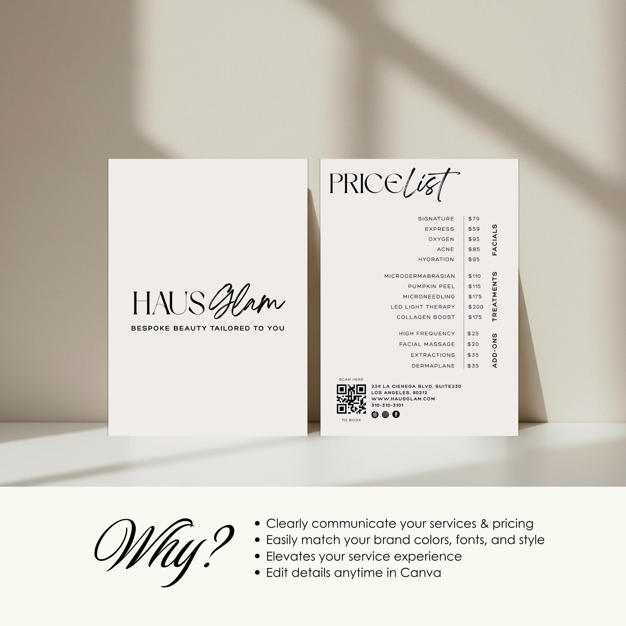 Esthetician Price List Template | Printable Beauty Business Service ...