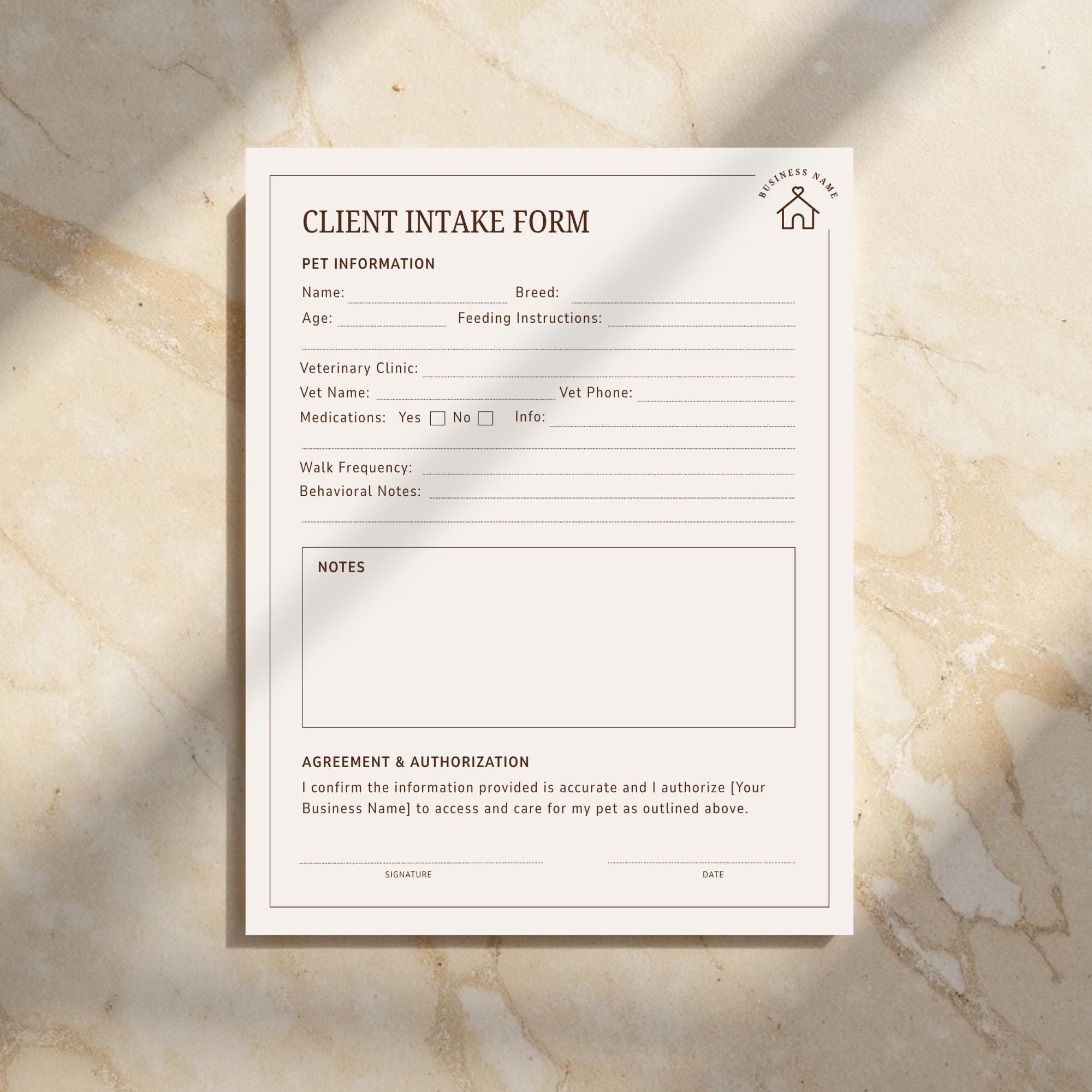 House Sitting Client Intake Form | House Sitting Business Forms ...