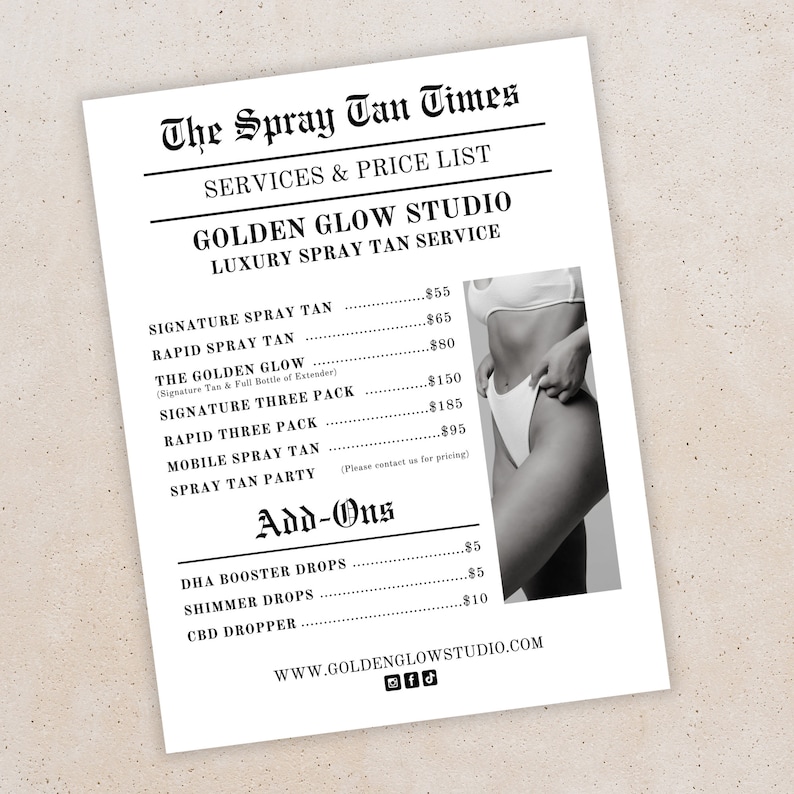 Spray Tan Price List and Service Menu Editable Price List Template ...