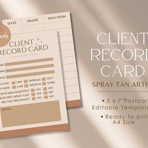Spray Tanning Client Record Card 5x7 | Spray Tan Artist | Editable ...