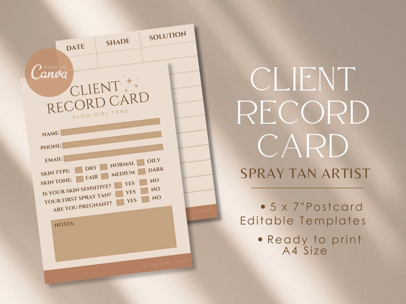 Spray Tanning Client Record Card 5x7 Spray Tan Artist Editable ...