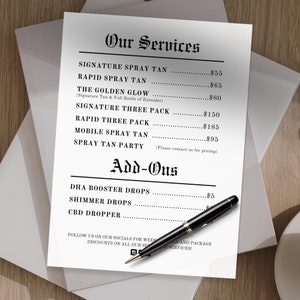 Spray Tan Price List and Service Menu Editable Price List Template ...